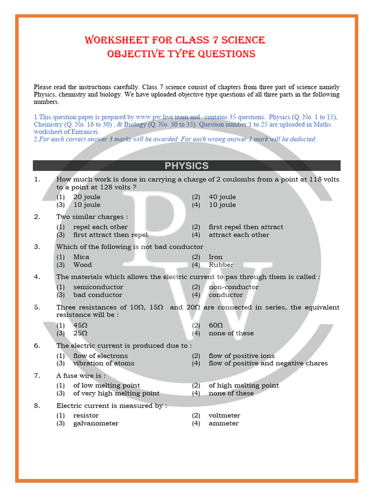 Class 7 Science Objective Questions | PDF | Electric Current | Chemical ...