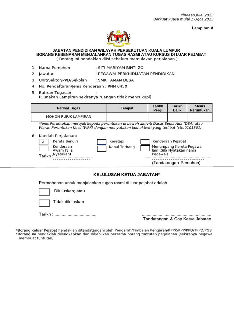 Contoh Lampiran A Borang Kebenaran Ketua Jabatan Menjalankan Tugas | PDF
