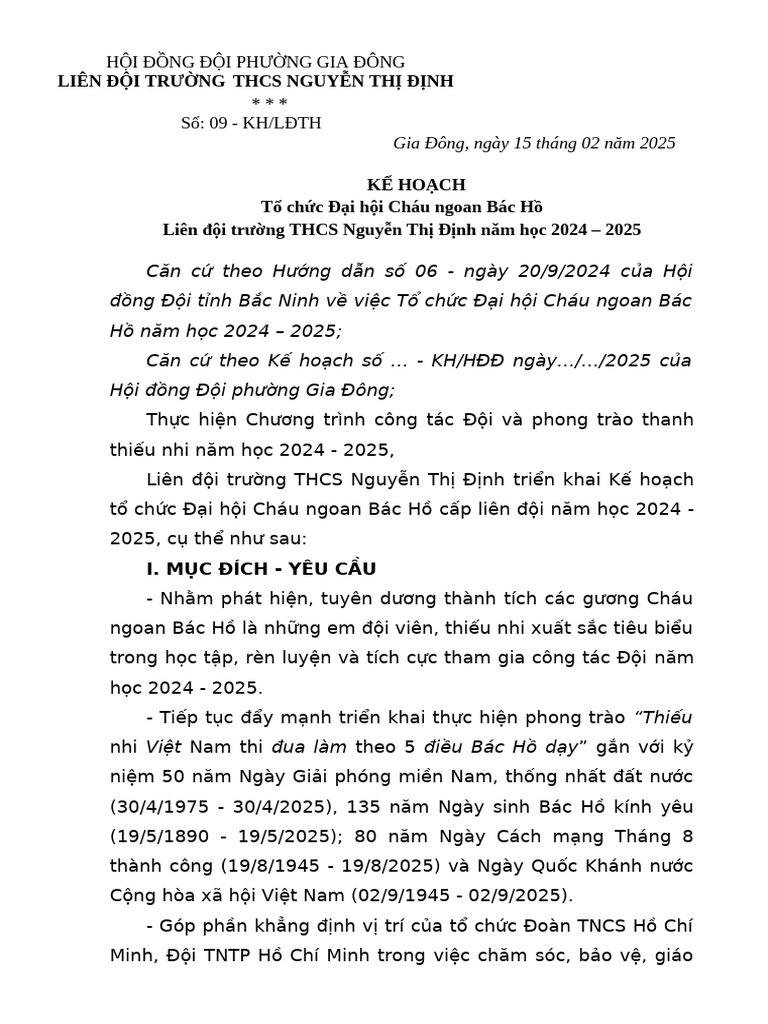 KẾ HOẠC TỔ CHỨC ĐẠI HỘI CNBH 2025 | PDF