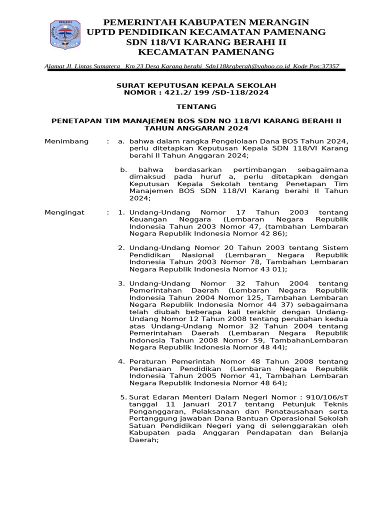 SK Tim Manajemen Bos 2024 SD 118 Karang Berahi | PDF