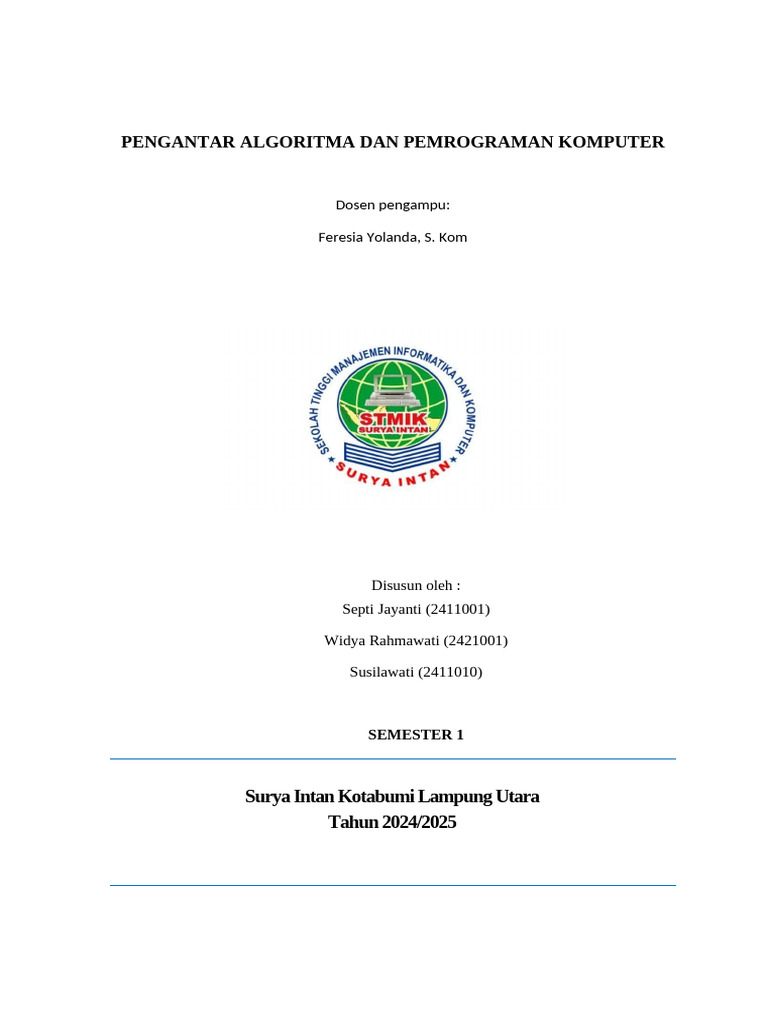 Makalah - Pengantar Algoritma - Dan - Pemrograman Komputer, Semester 1 ...