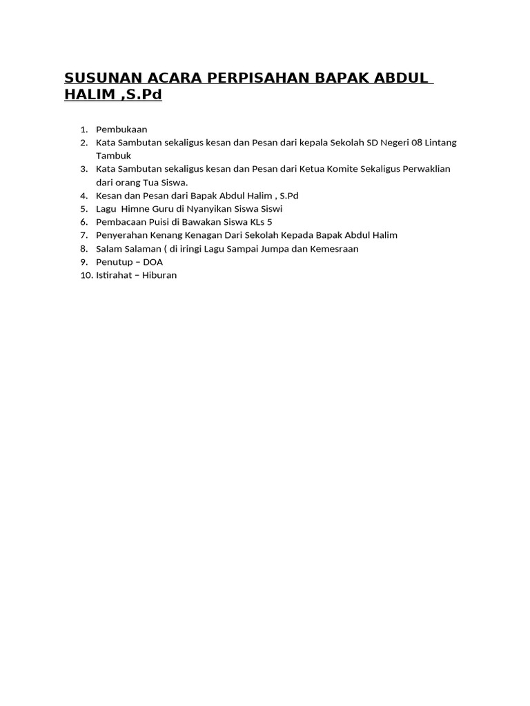 Susunan Acara Perpisahan Bapak Abdul Halim | PDF