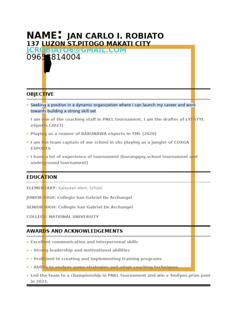 Esports Coaching Resume of Jan Carlo Robiato | PDF