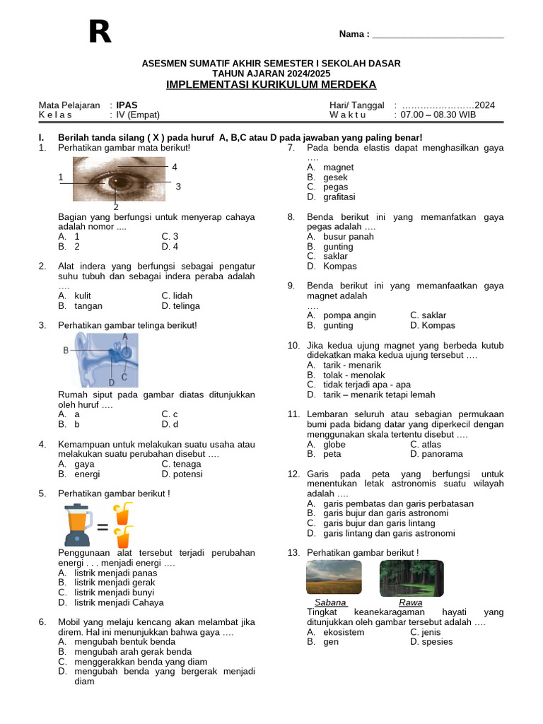 Kelas 4 - Ipas - Soal Sas I - 2024-2025 | PDF