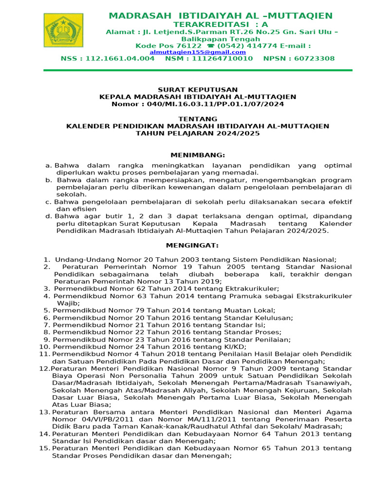 10. SK-Penetapan-Kalender-Pendidikan-MI Al-Muttaqien | PDF