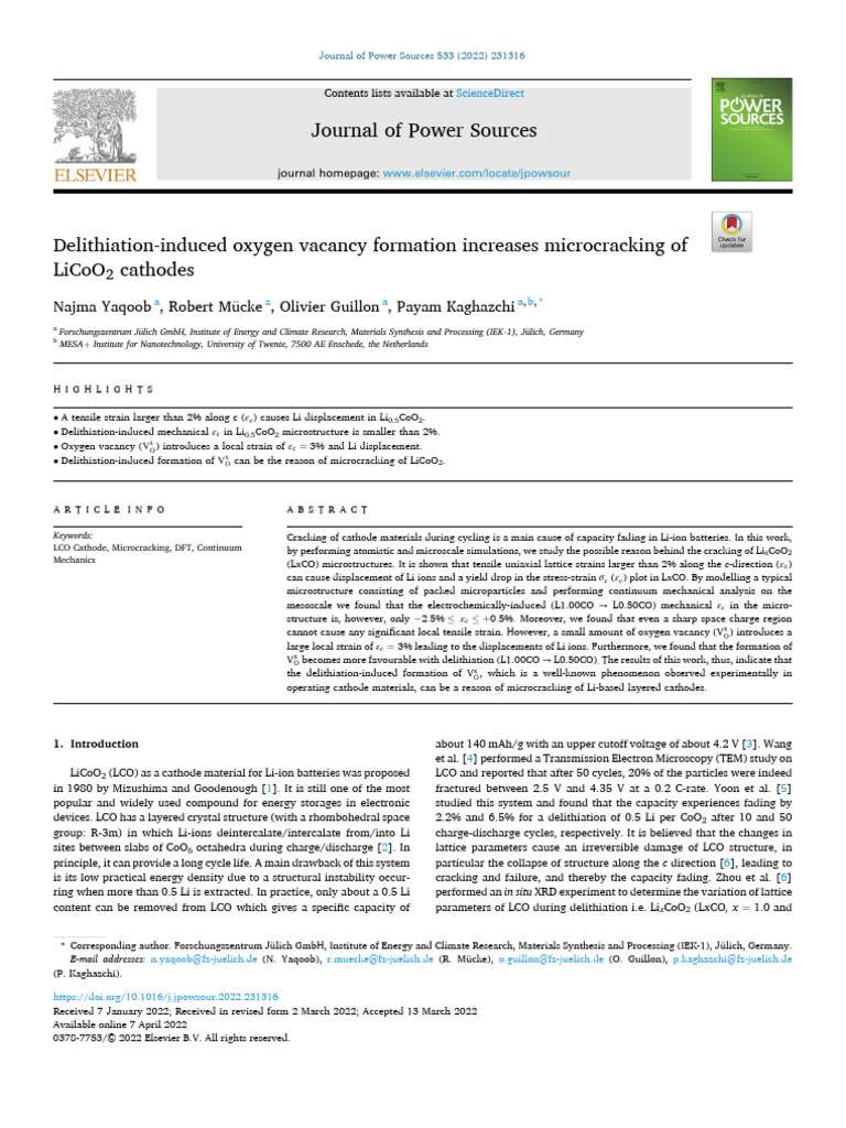 Yaqoob Et Al. - 2022 - Delithiation-Induced Oxygen Vacancy Formation Incr | PDF | Stress ...
