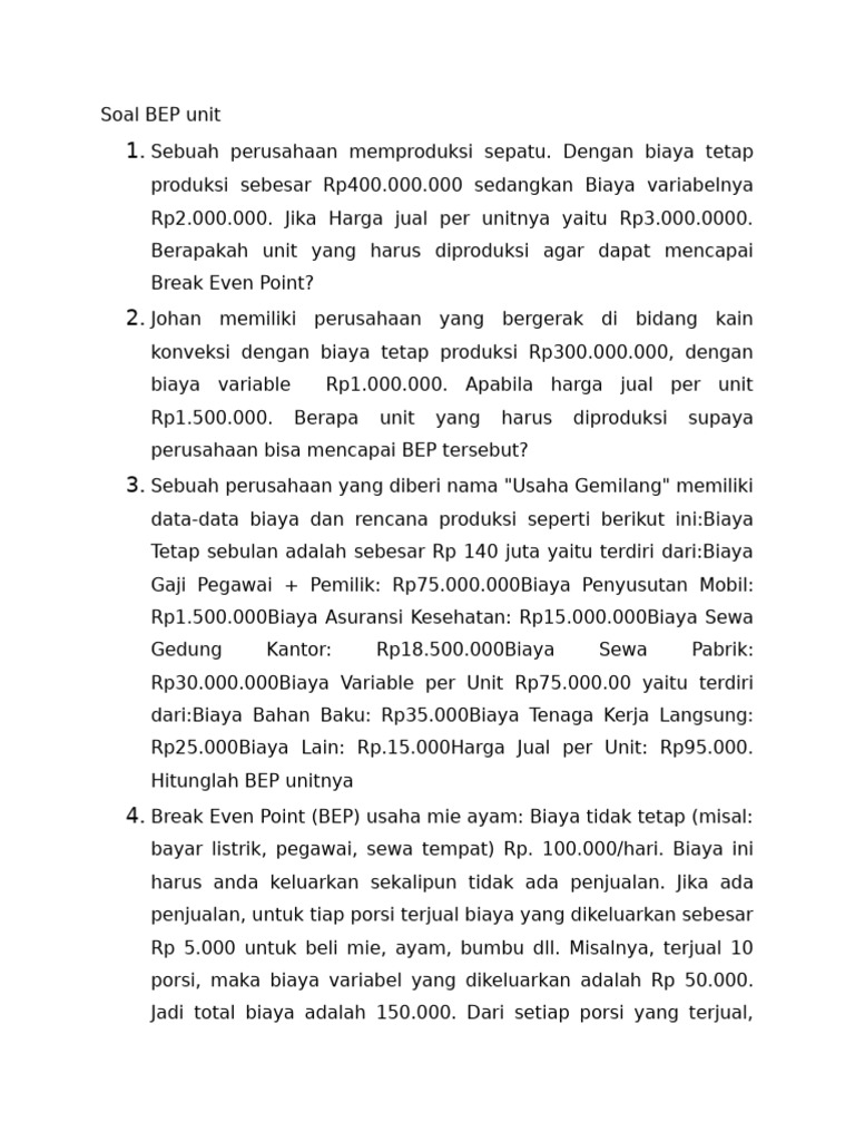 Soal BEP Unit | PDF