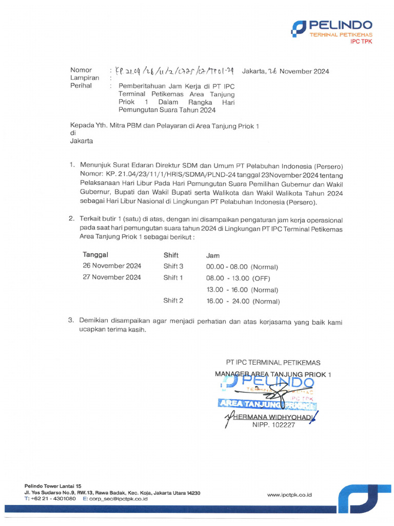 Pemberitahuan Jam Kerja Di PT IPC Terminal Petikemas Area Tanjung Priok ...