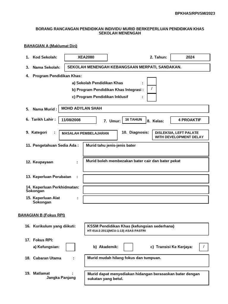 Borang Rpi Smk Merpati | PDF
