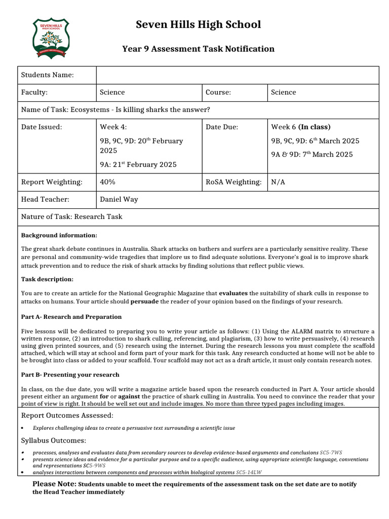 Year 9 Ecosystem Asessment Task, 2025 | PDF | Argument | Human Communication