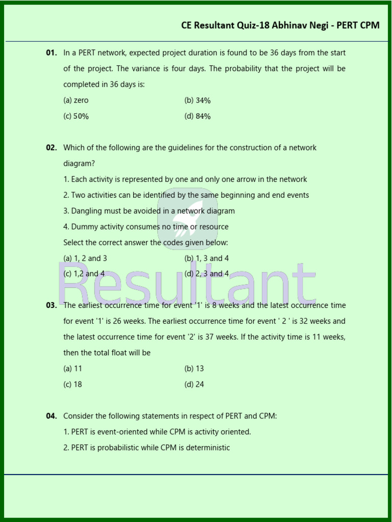 CE Resultant Quiz 18 Abhinav Negi (12 Feb 2025) PERT CPM (Q) | PDF