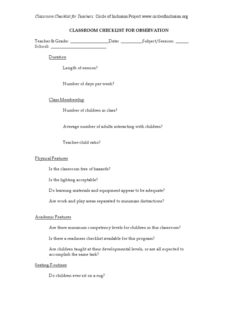 Classroom Observation Checklist for Teachers | PDF | Inclusion ...