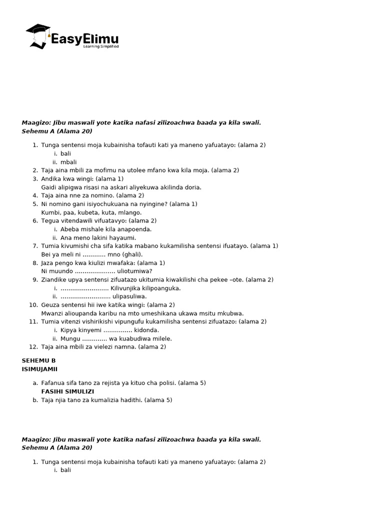 HsKiswahili Questions and Answers - Form 2 Mid-Term Exams Term 1 2022 ...