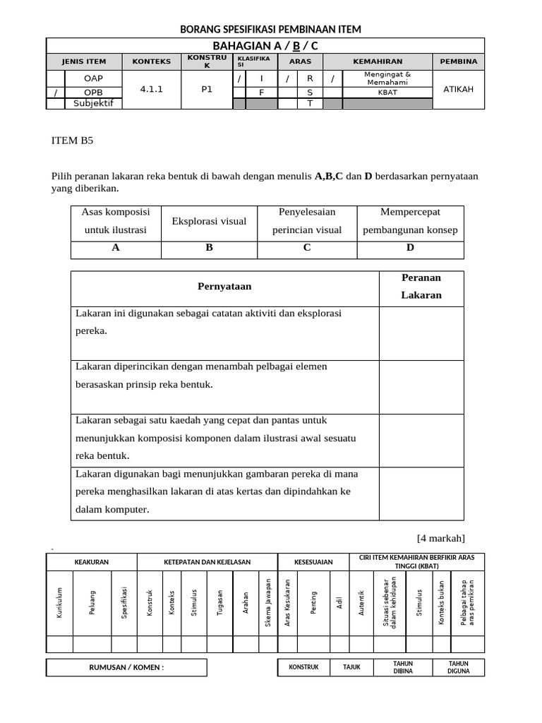 Borang Spesifikasi Pembinaan Item B - RBT | PDF