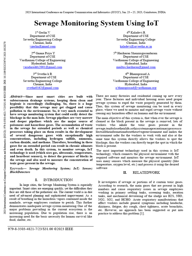IoT-Based Sewage Monitoring System | PDF | Microcontroller | Sewage