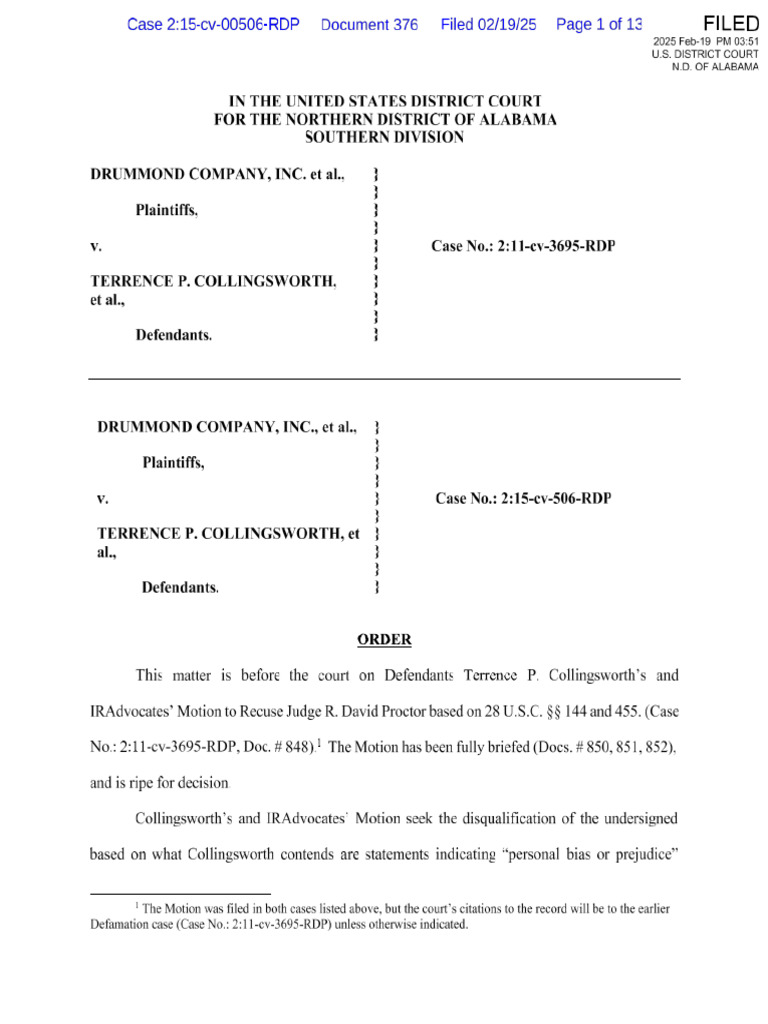 Drummond Order Denying Motion To Recuse Judge R 376 | PDF | Lawsuit | Summary Judgment
