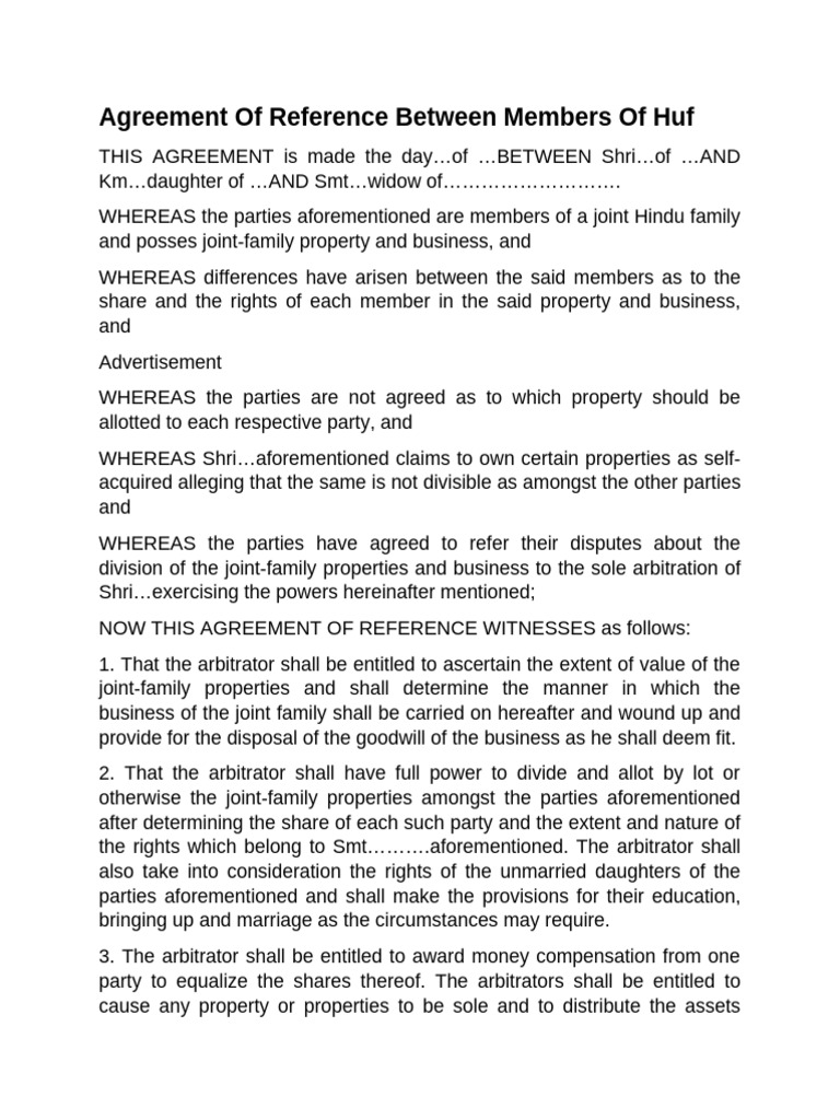 HUF Property Arbitration Agreement | PDF | Arbitral Tribunal | Business Law