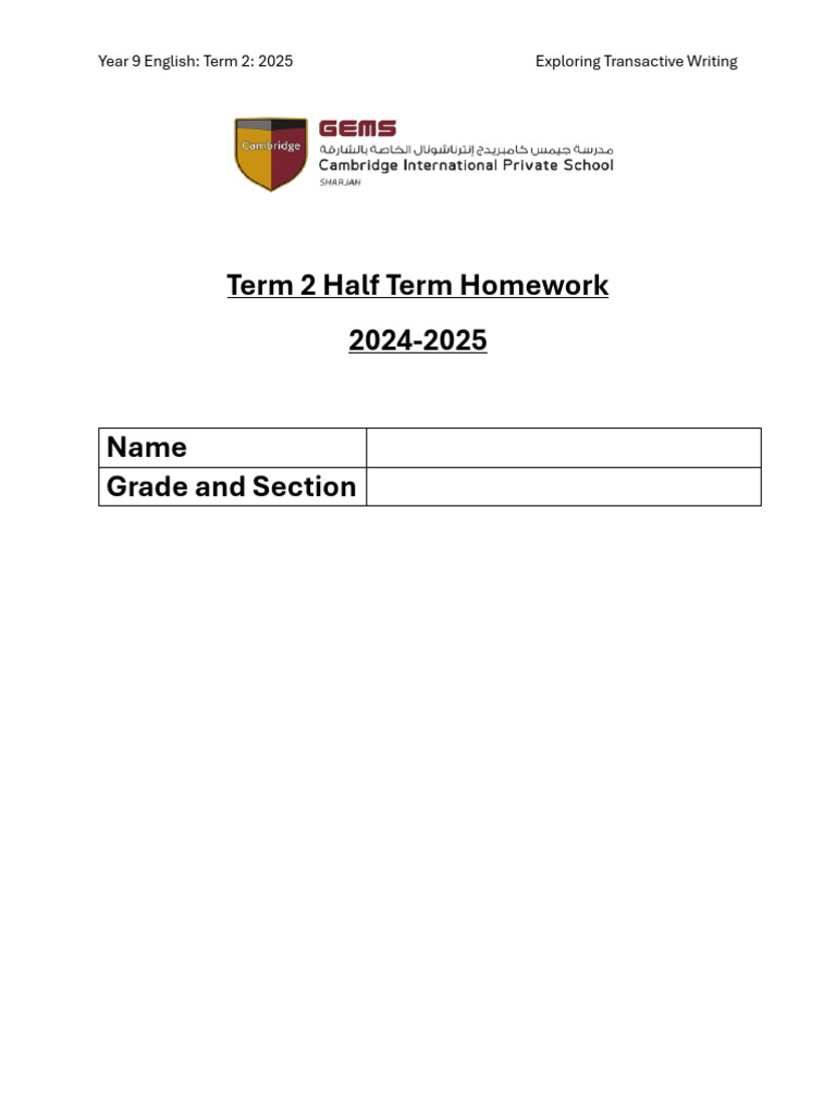 Year 9 Term 2 Half Term Homework | PDF