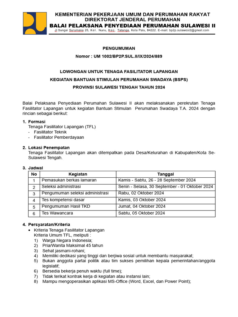 01 Pengumuman Rekrutmen TFL Sulteng | PDF