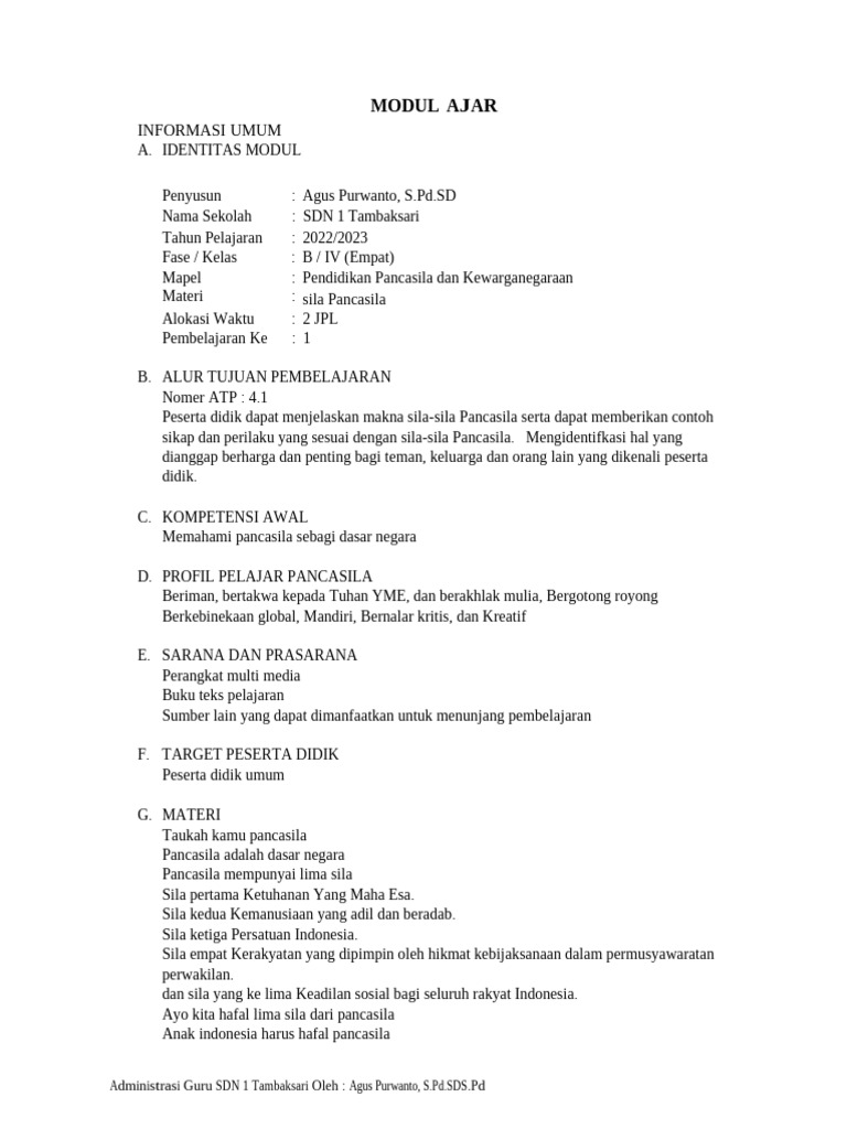 1. Modul Ajar Pkn Kelas 4 | PDF