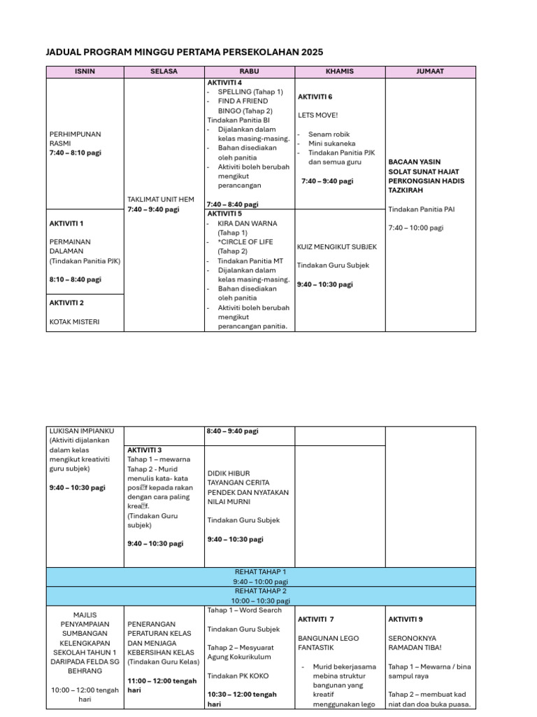 Jadual Program Minggu Pertama Persekolahan 2025 | PDF