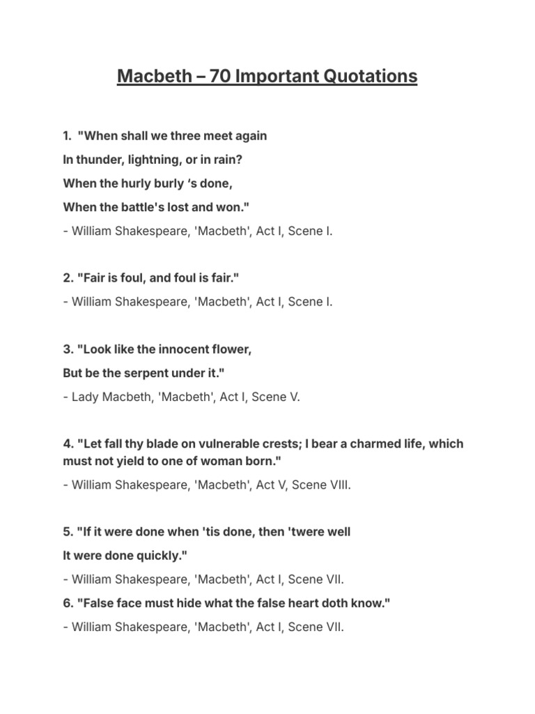 Macbeth - 70 Important Quotations | PDF | Macbeth | Shakespearean Tragedies