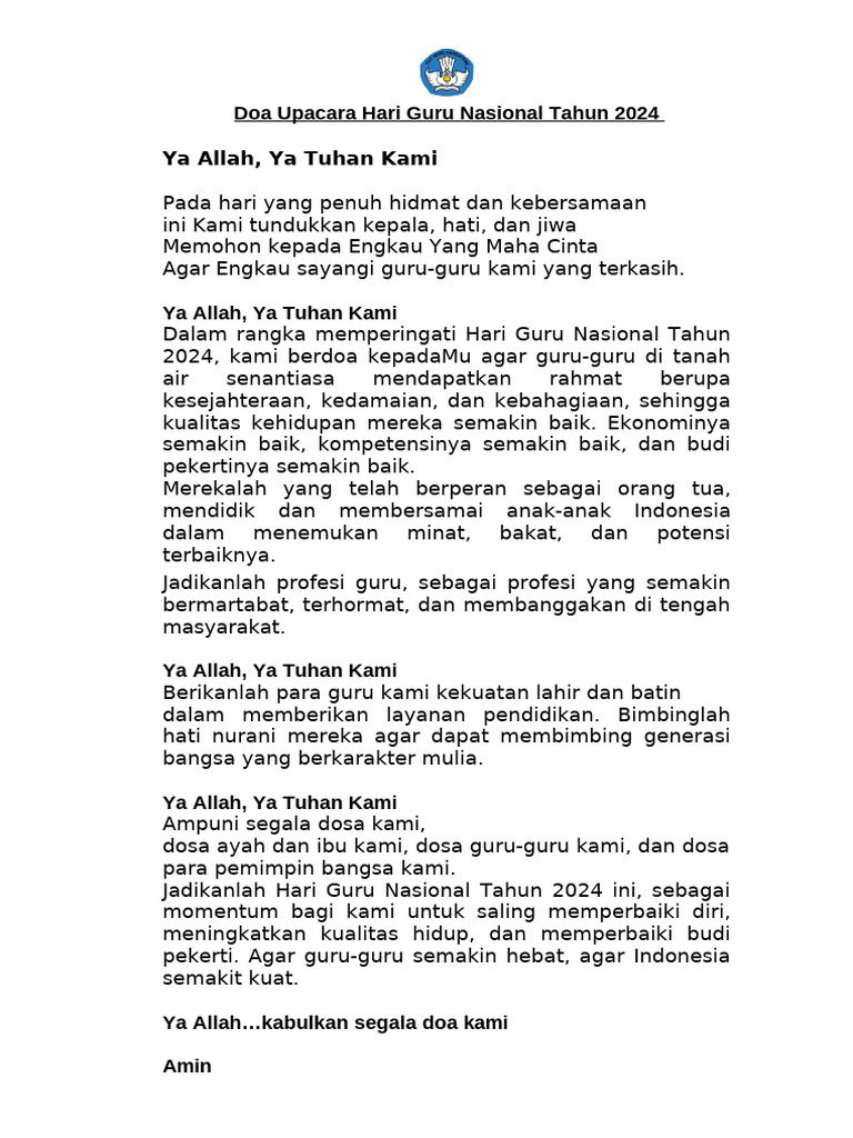 Doa Upacara Hari Guru Nasional 2024 (1) | PDF