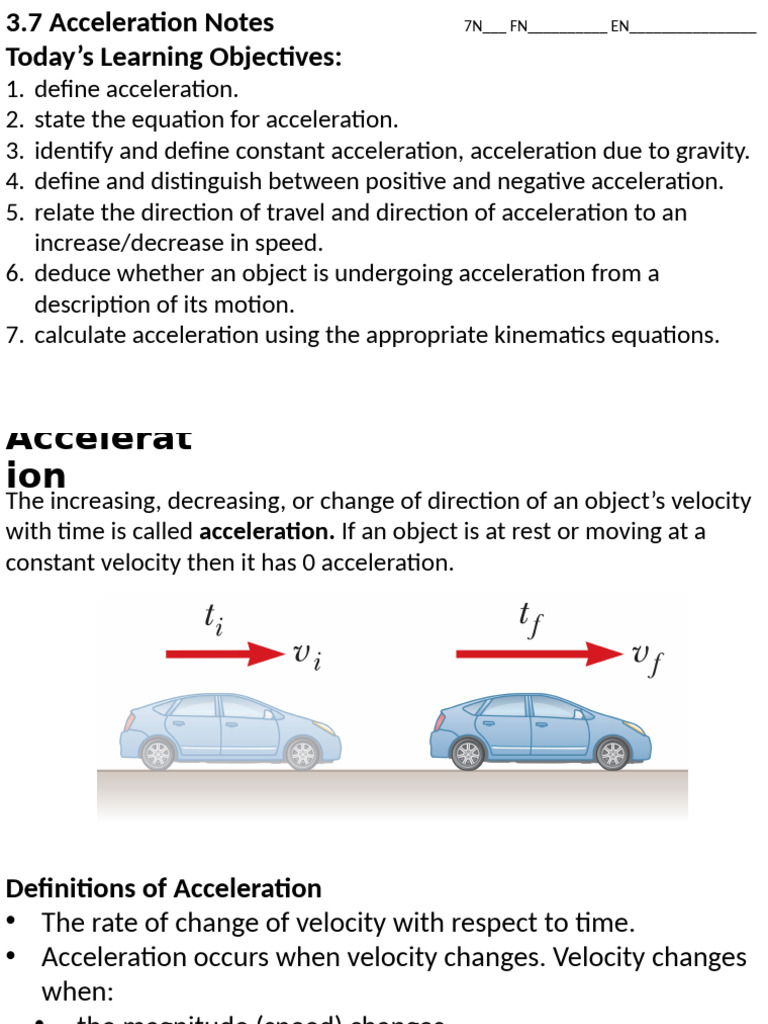 G7 Unit 3 3.7 Acceleration Notes | PDF | Acceleration | Velocity
