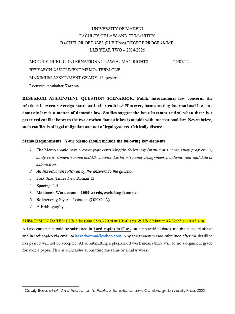 Public International Law Assignment Memo | PDF