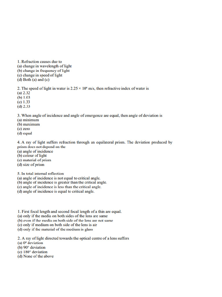 Class 10 Physics Refraction Worksheet | PDF