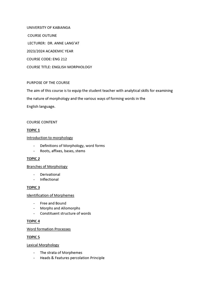Eng 212 English Morphology Course Outline | PDF