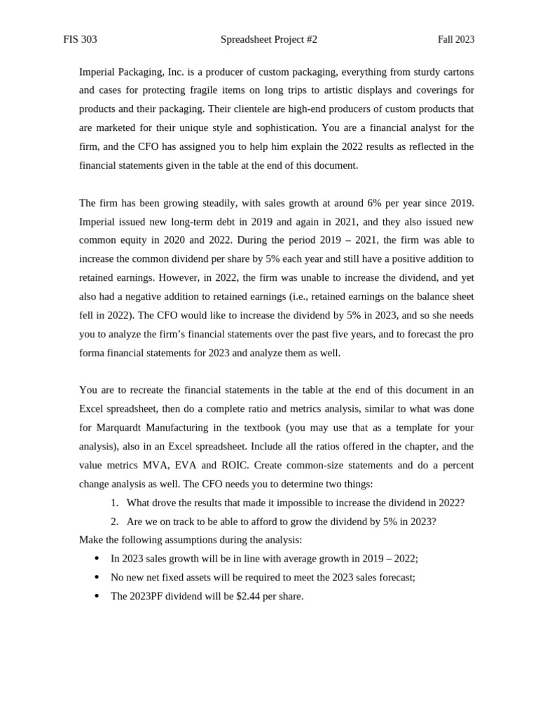 FIS 303 Spreadsheet Project #2 FA23 | PDF | Equity (Finance) | Retained Earnings