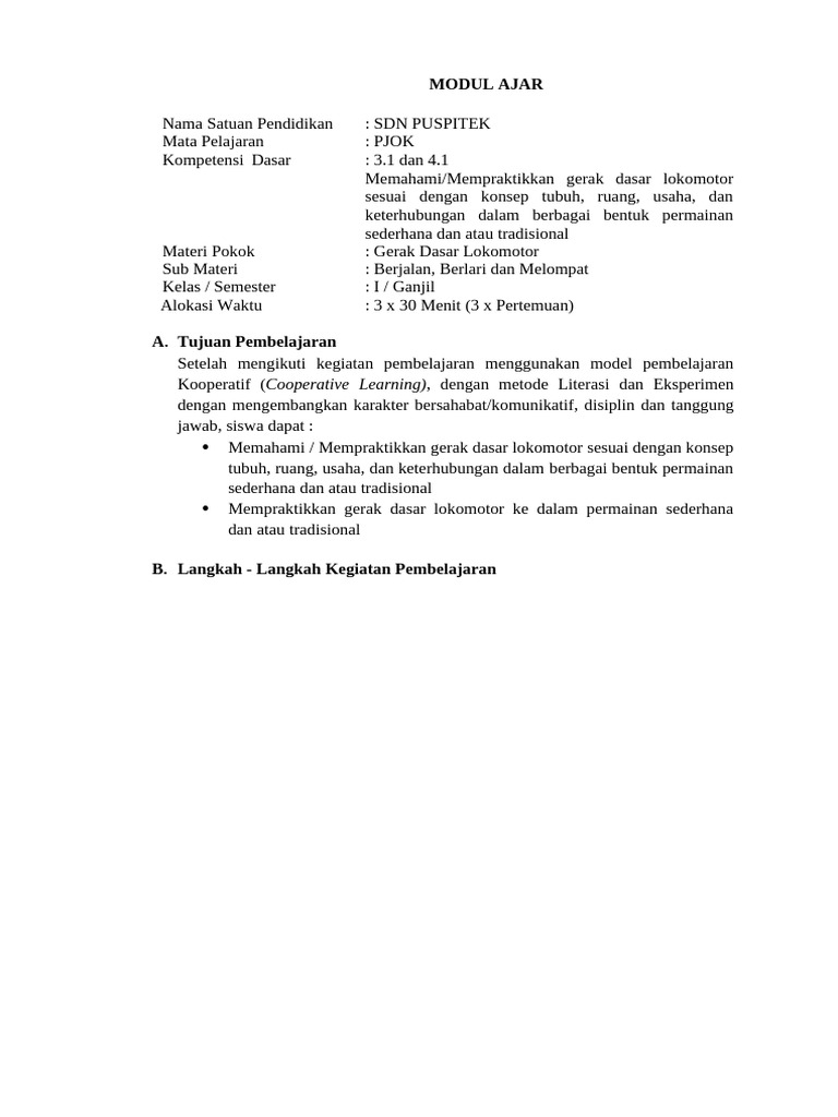 MODUL AJAR-kelas-1-SD-PJOK | PDF