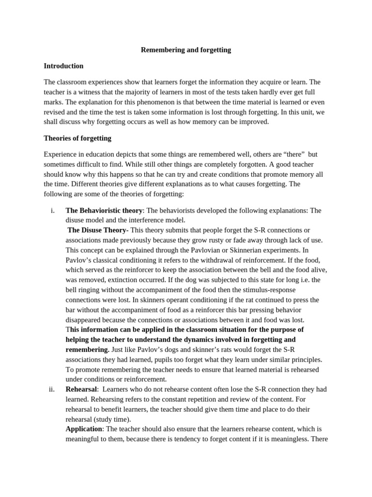 Remembering and Forgetting | PDF | Memory | Long Term Memory