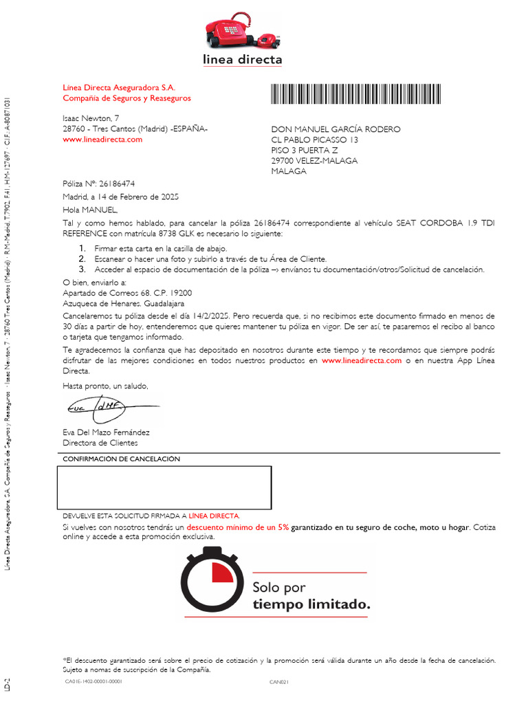 Carta Cancelacion | PDF | Póliza de seguros | Riesgo financiero