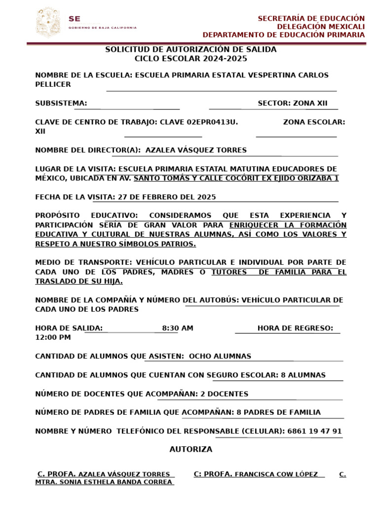 Autorización Salida Escolar 2025 | PDF