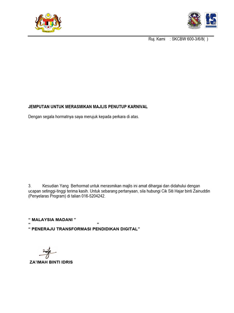 Surat Jemputan Perasmi TKM | PDF