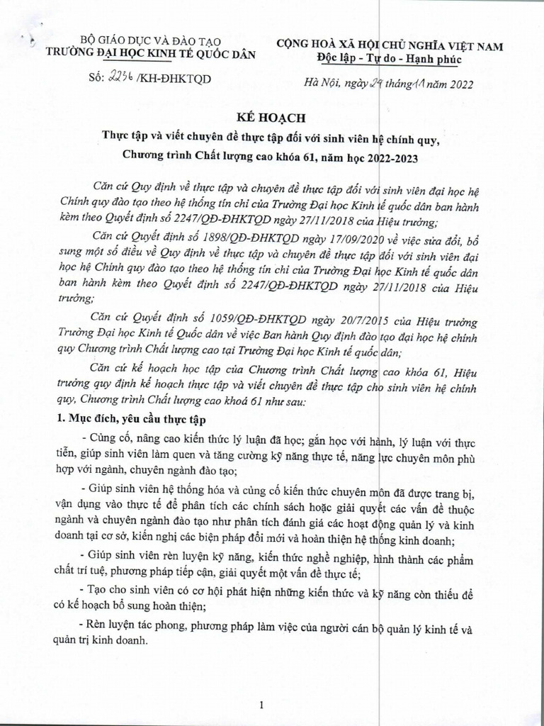 AEP - KH - Thực tập và viết CĐTTTN CT CLC - K61 - 2022.2023 | PDF