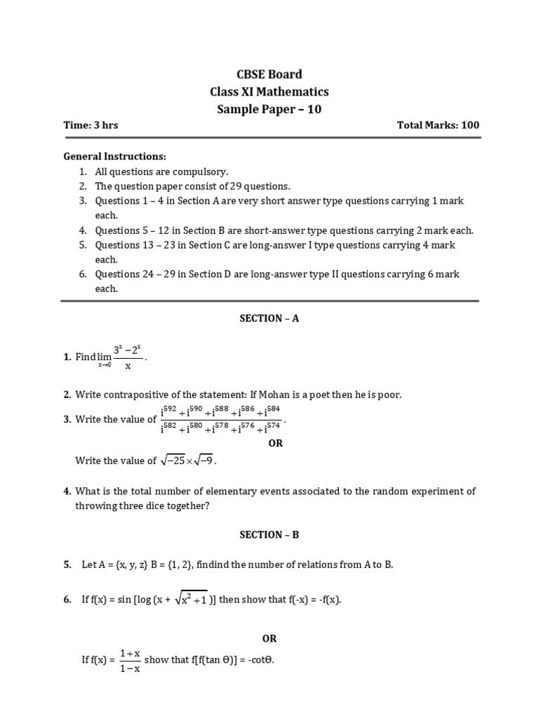 CBSE Class XI Mathematics Sample Paper | PDF | Circle | Mathematics