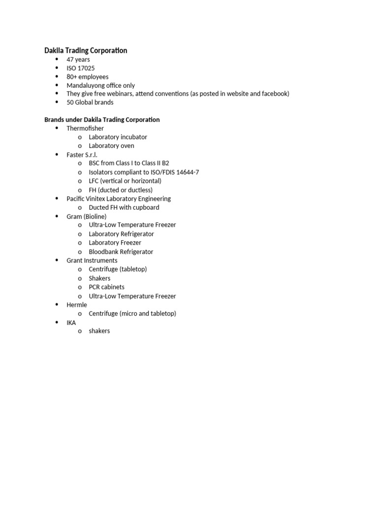 Dakila Trading Corp: 50+ Global Lab Brands | PDF