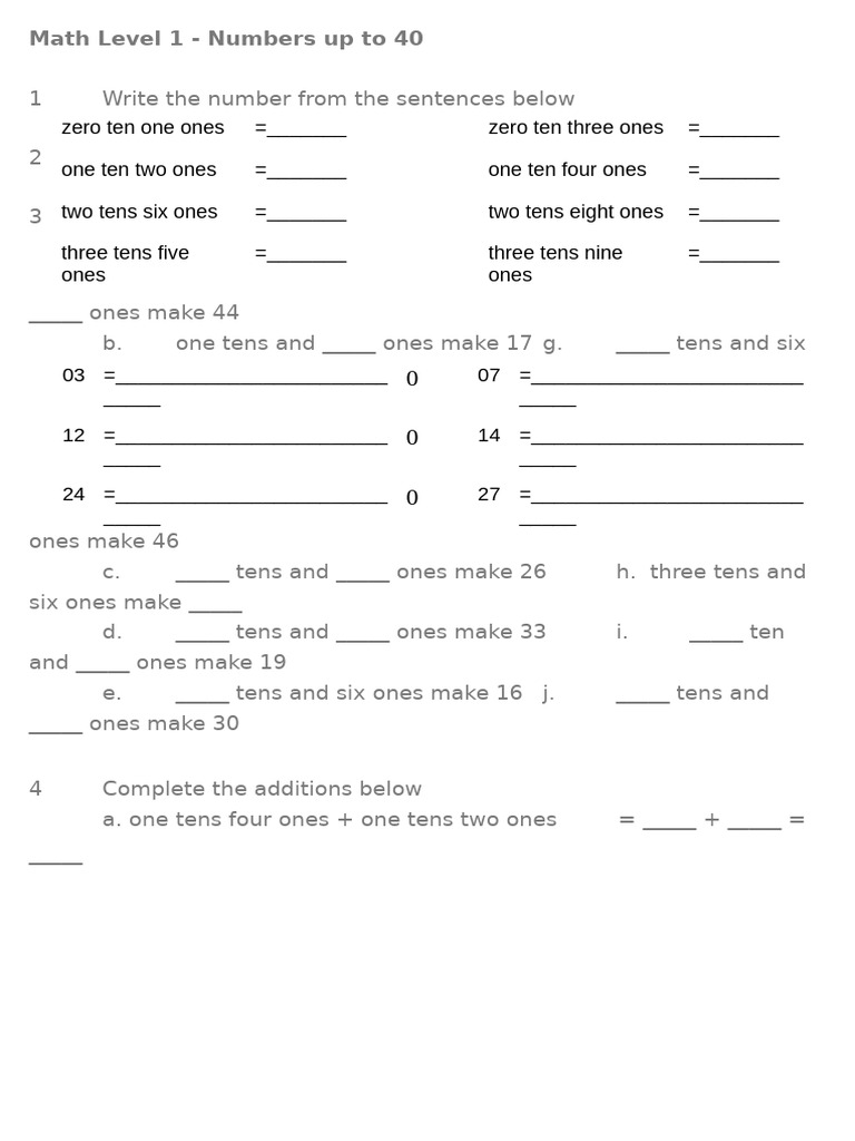 Math Worksheet: Numbers to 40 | PDF