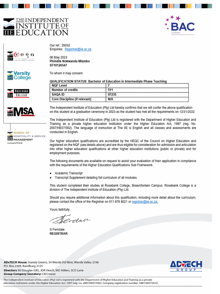 Confirmation of Graduation Phindile Mlambo PDF | PDF