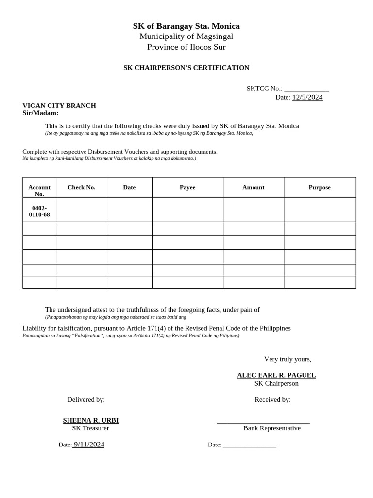 SK Chairperson Certification - Barangay Sta. Monica | PDF