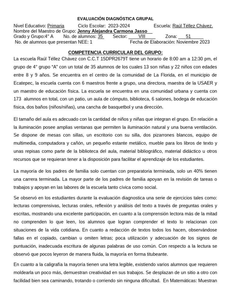 Evaluación Diagnóstica 4° A Primaria 2023 | PDF | Enseñando | Aprendizaje