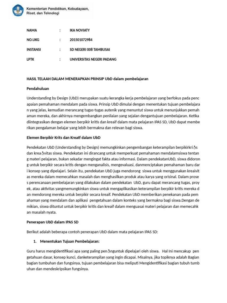 HASIL TELAAH MENERAPKAN PEMBELAJARAN PRINSIP UbD | PDF