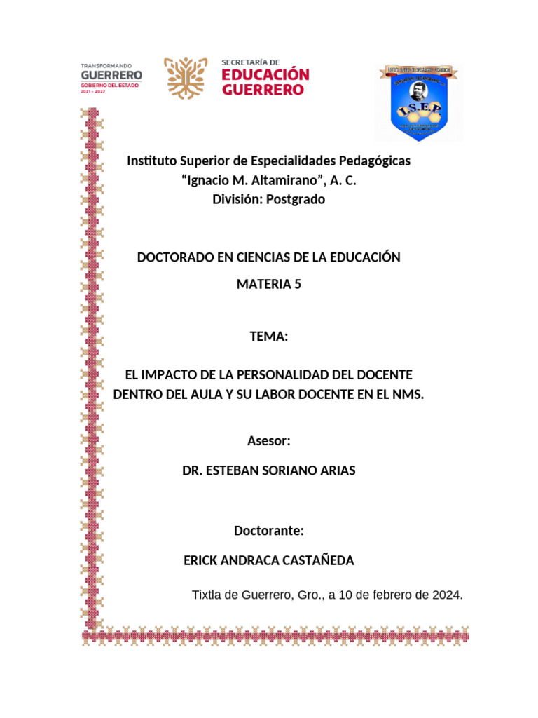 Impacto de la Personalidad Docente en Aula | PDF | Maestros | Salón de ...