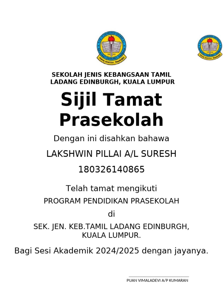 Sijil Tamat Prasekolah | PDF