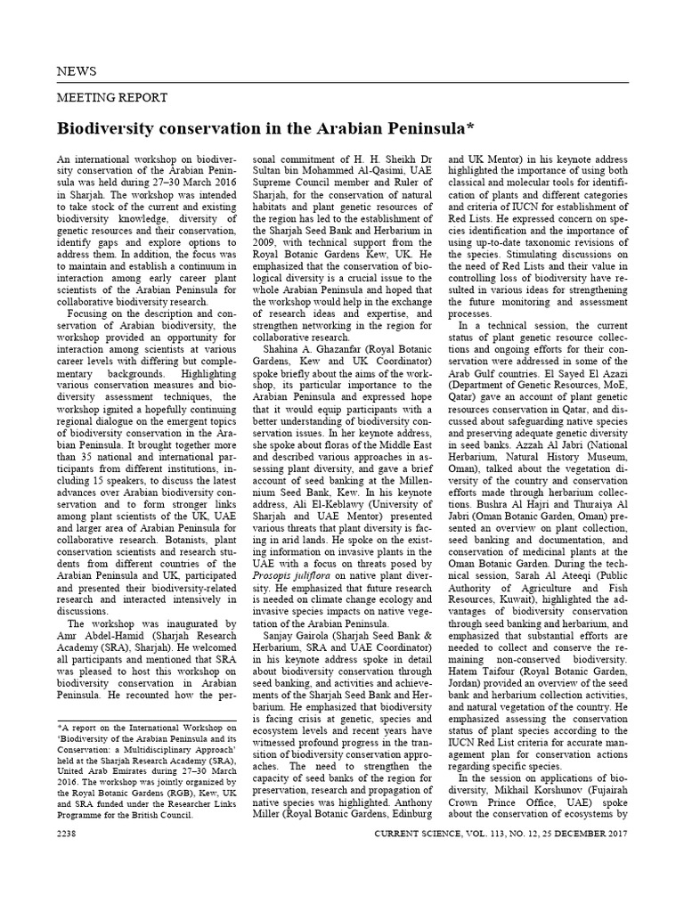 Biodiversity Conservation in The Arabian Peninsula Current Science ...