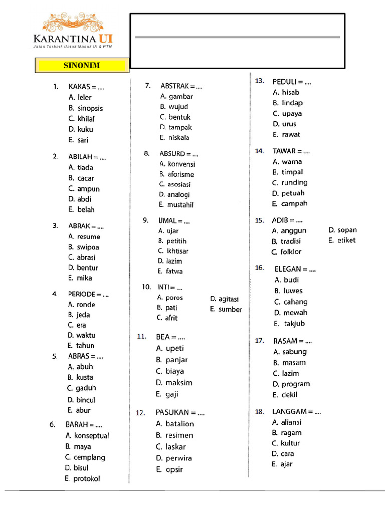 Soal Sinonim dan Antonim Karantina UI | PDF