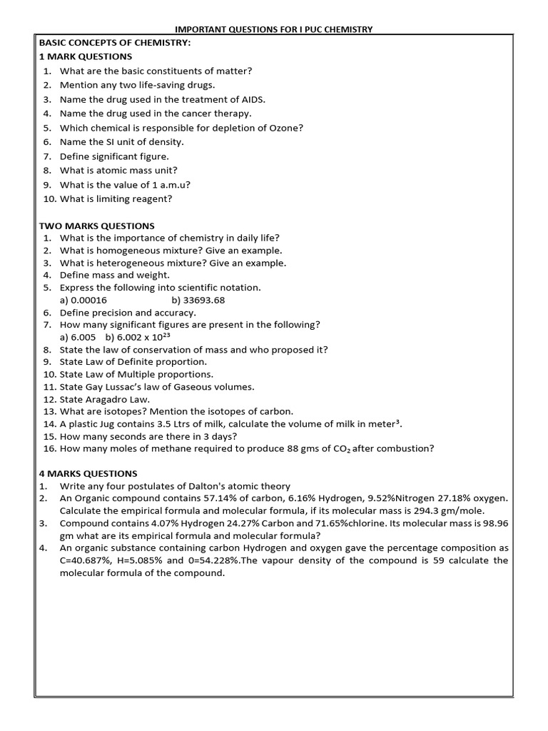 Essential I PUC Chemistry Questions | PDF | Chemical Bond | Atomic Orbital